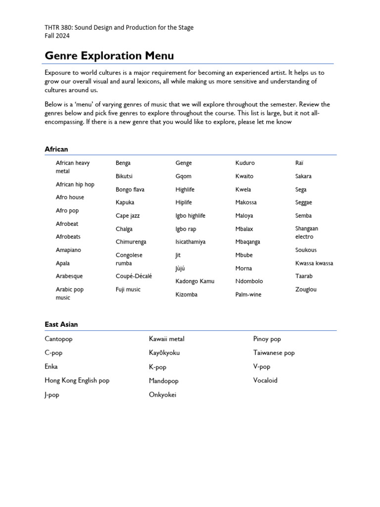 Genre Exploration Menu | PDF | Reggae | North American Styles Of Music