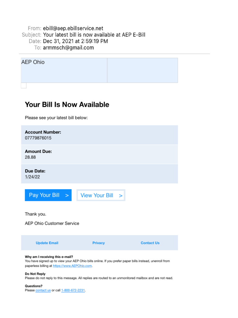 Your latest bill is now available at AEP E-Bill | PDF