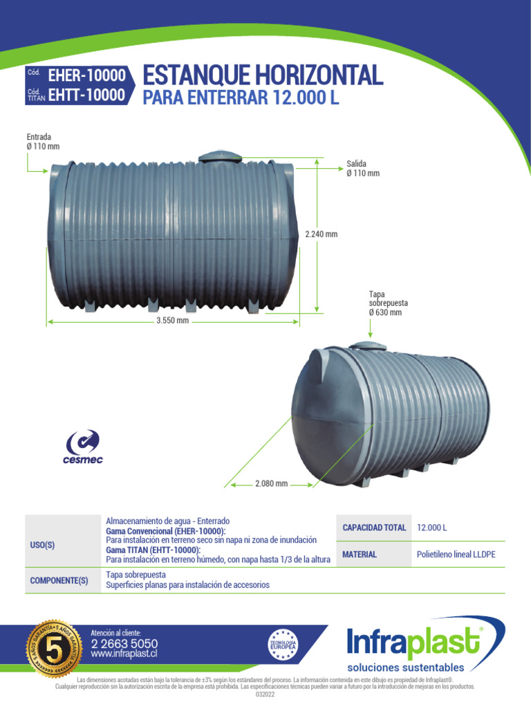 FICHA TECNICA ESTANQUE HORIZ 10 MIL LTS | PDF