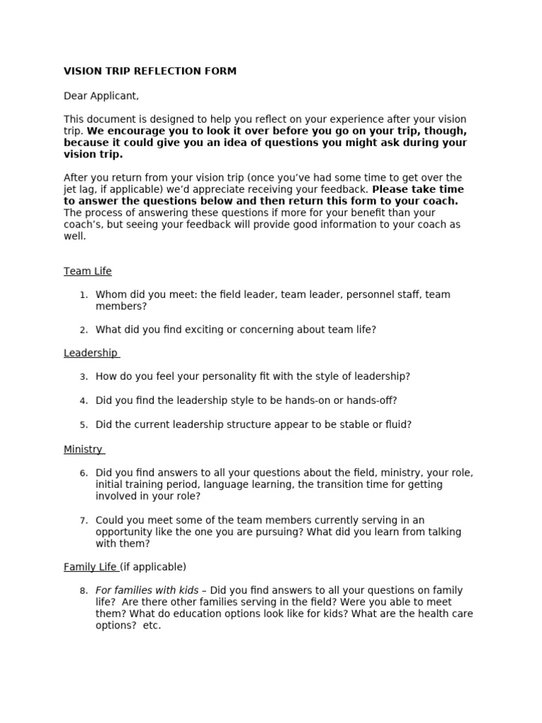 Vision Trip Reflection Form 2022 | PDF
