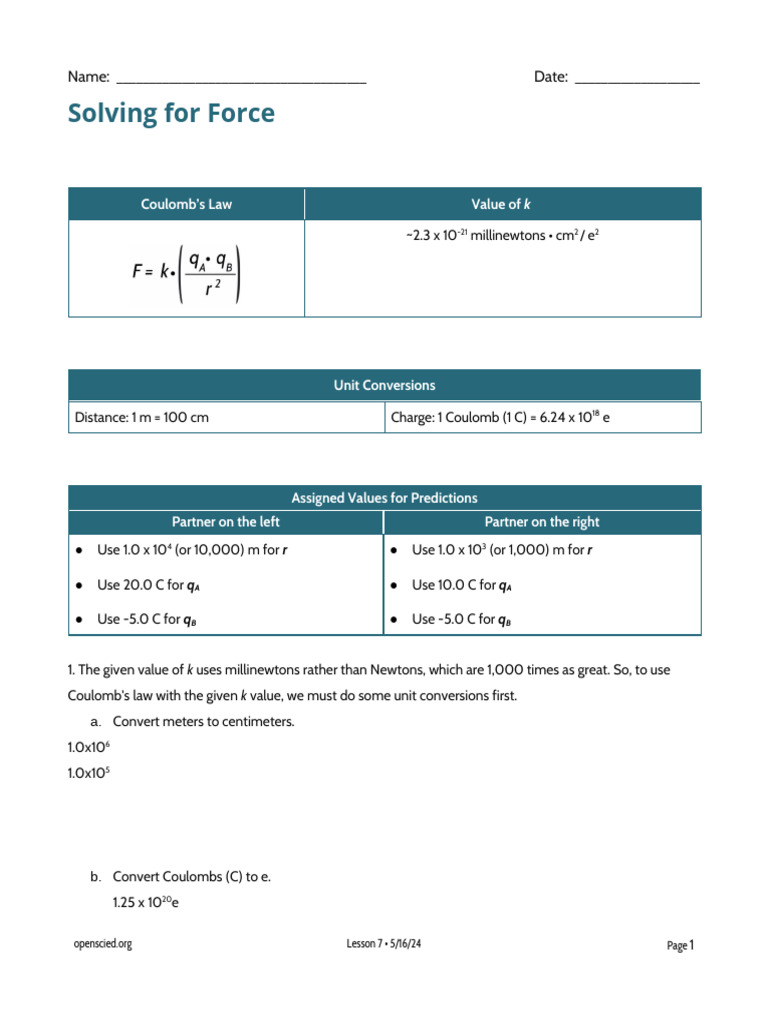 C.2 Lesson 7 Handout Solving For Force | PDF
