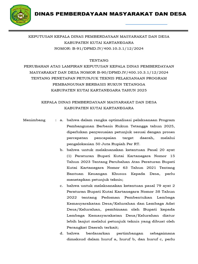 Perubahan 2 SK KADIS DPMD Tentang Juknis BKKD RT Tahun 2025 - Signed ...