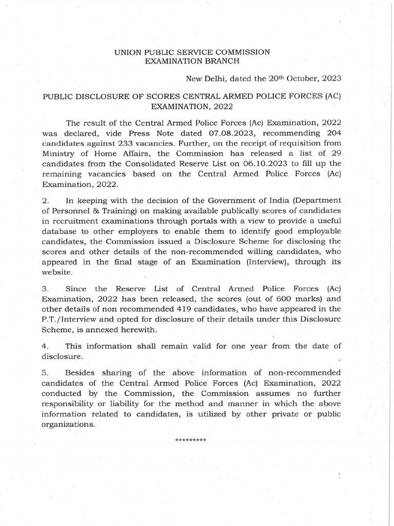 CAPF 2022 Not Recommended Candidates List | PDF