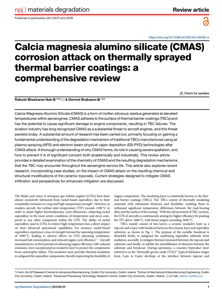 CMAS Corrosion in Thermal Barrier Coatings | PDF | Amorphous Solid ...