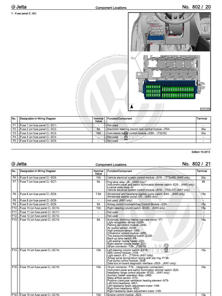Jetta MK6 Vano and Interior Fuse Diagram | PDF | Headlamp | Fuse (Electrical)
