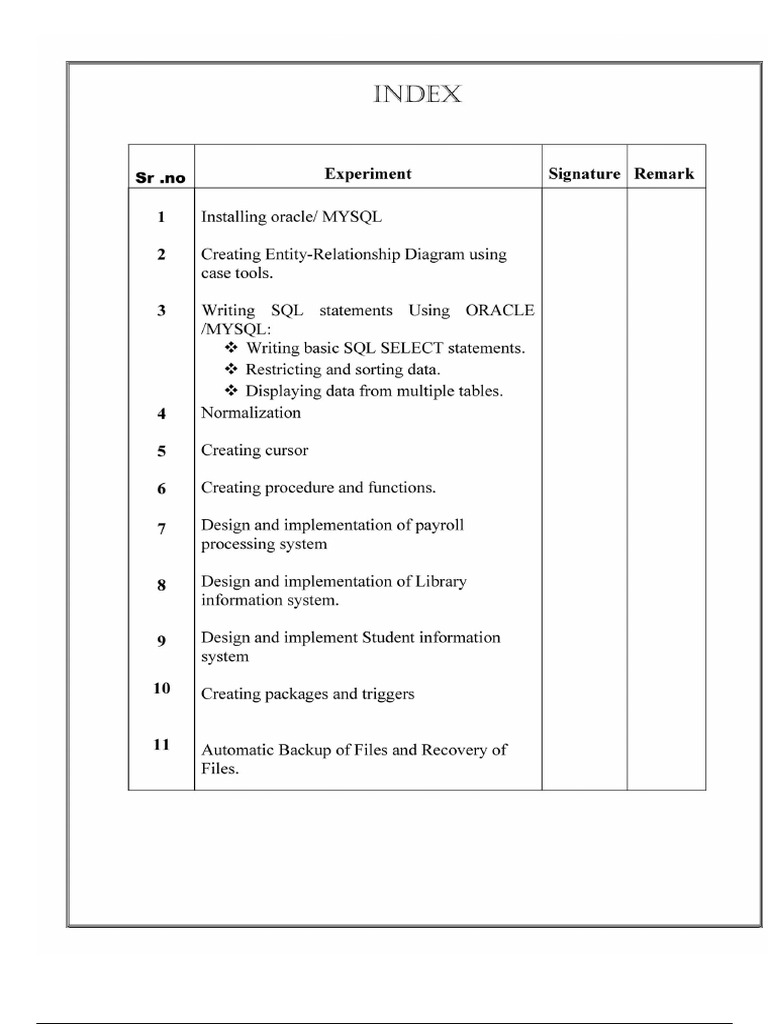 Dbms Lab File Index | PDF