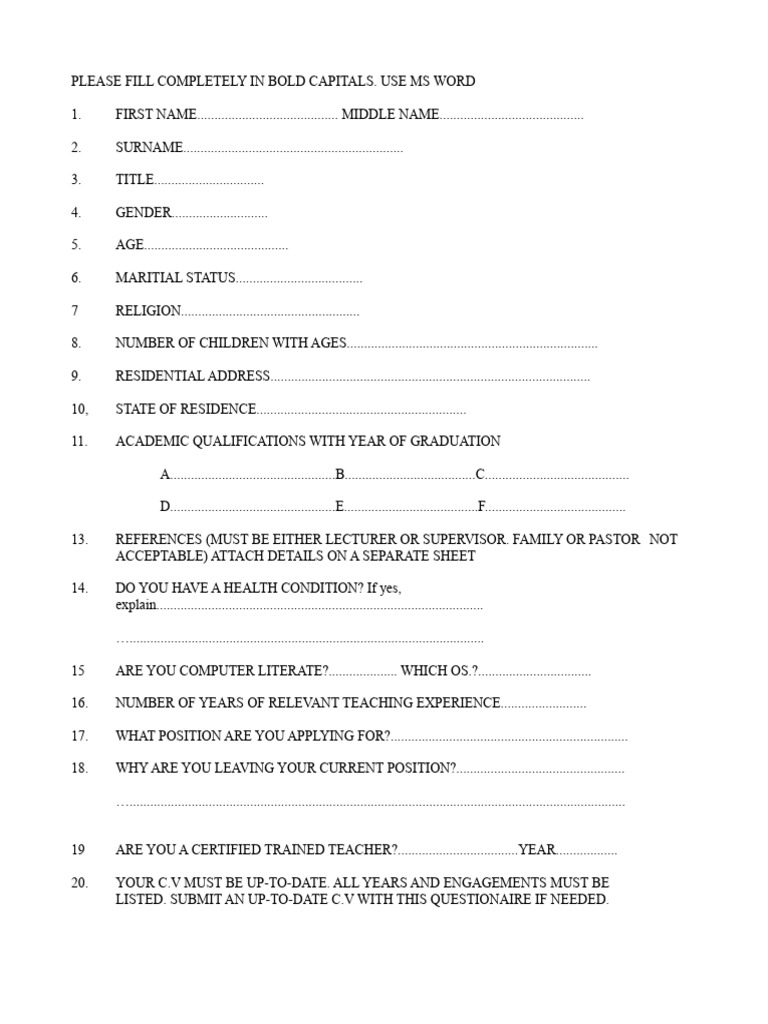 Teacher Application Questionnaire Form | PDF