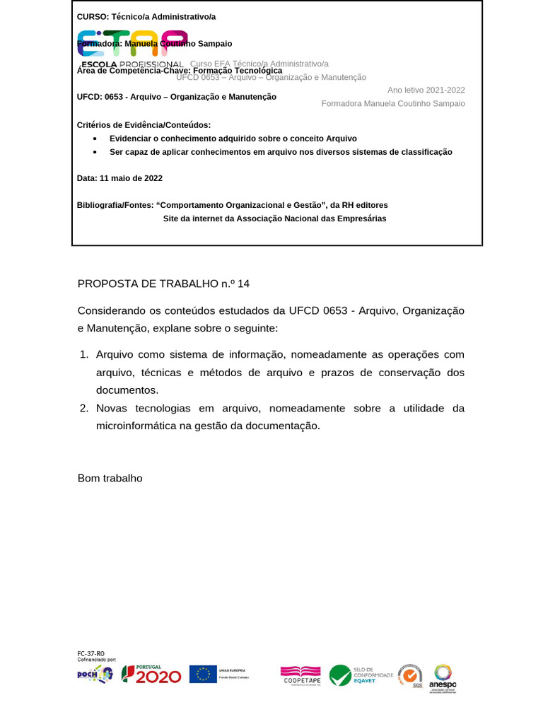 Proposta de Trabalho N.º 14 AOM - UFCD 0653 | PDF