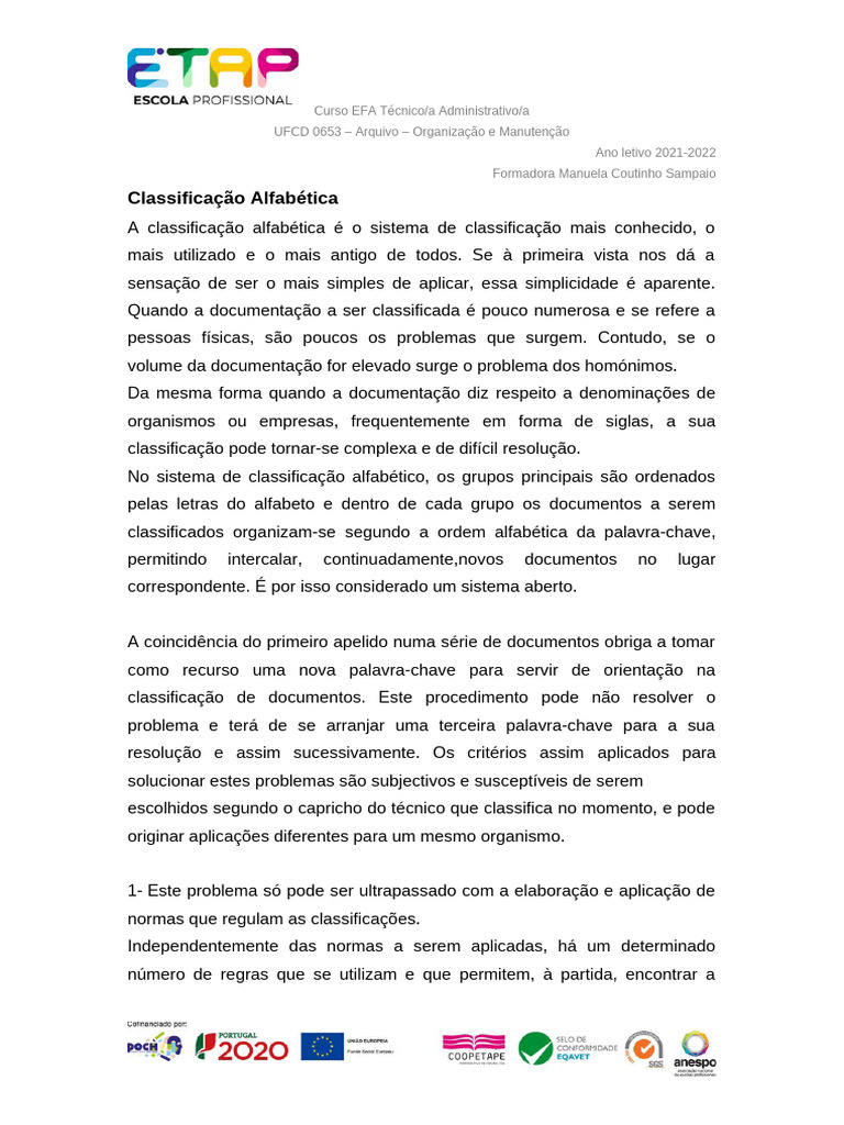 SIM Manual Arquivo Organização e Manutenção UFCD 0653.doc Tipos de ...