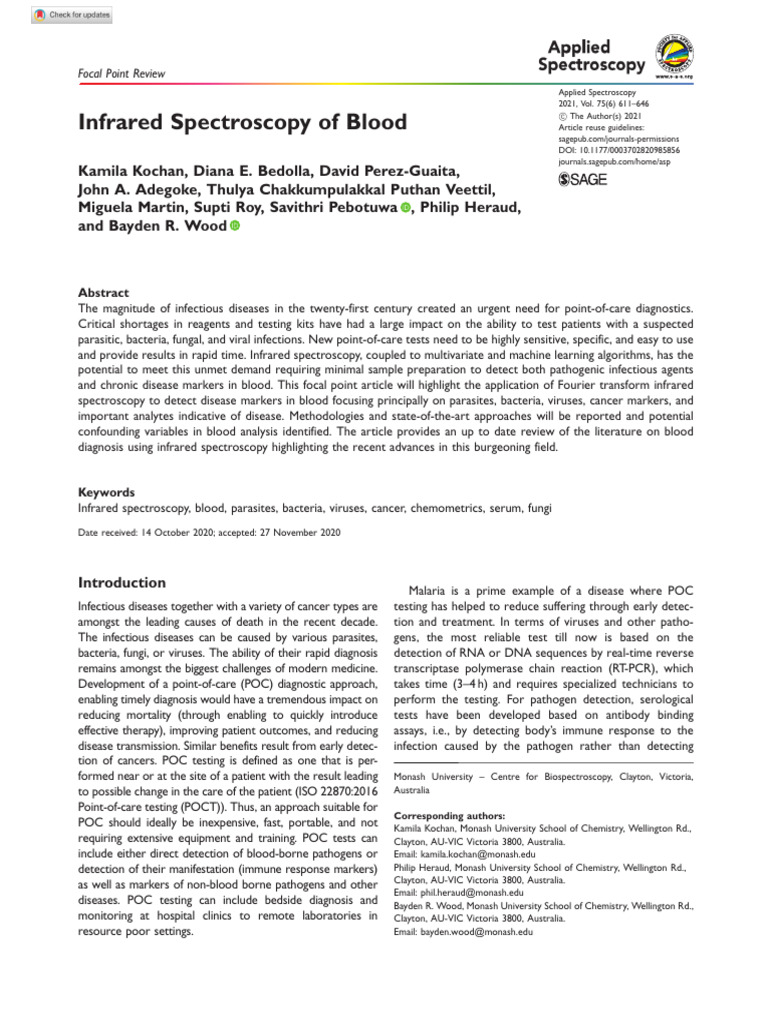 Kochan Et Al 2021 Infrared Spectroscopy of Blood | PDF | Infection | Medical Imaging