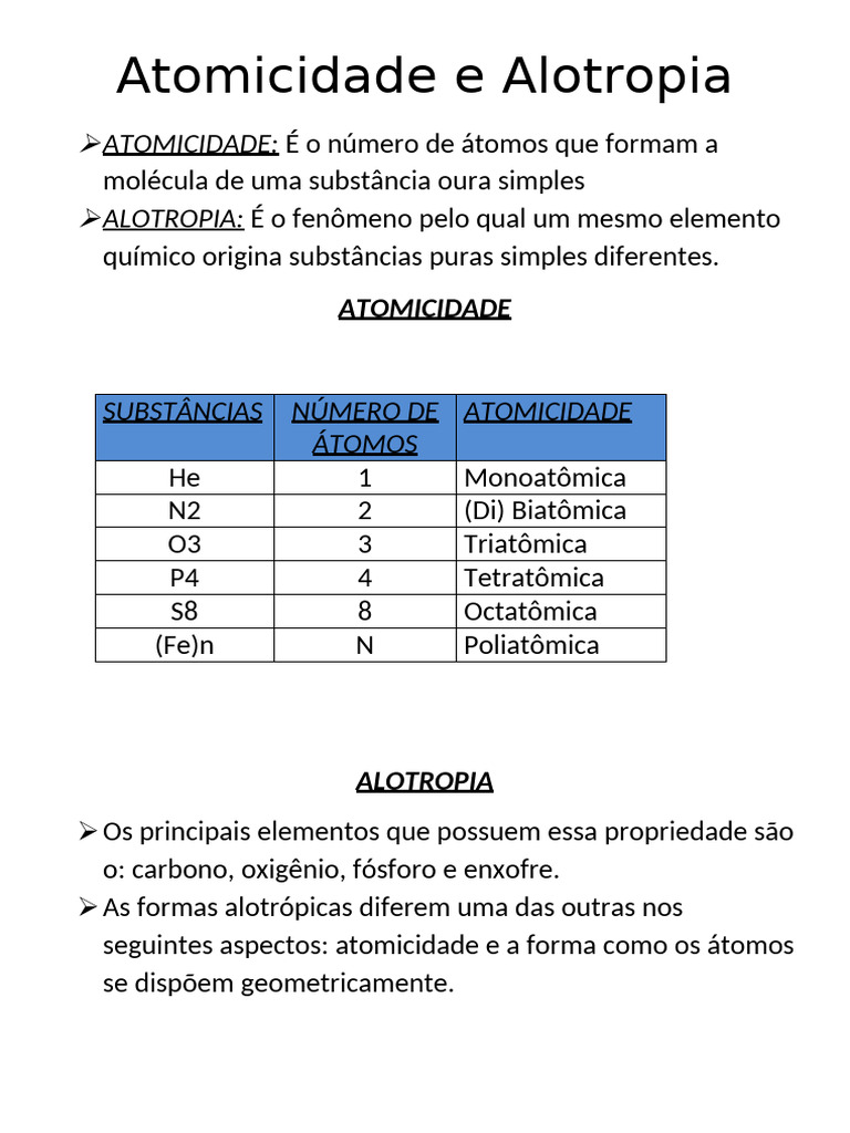 Atomicidade e Alotropia dos Elementos | PDF | Carbono | Enxofre