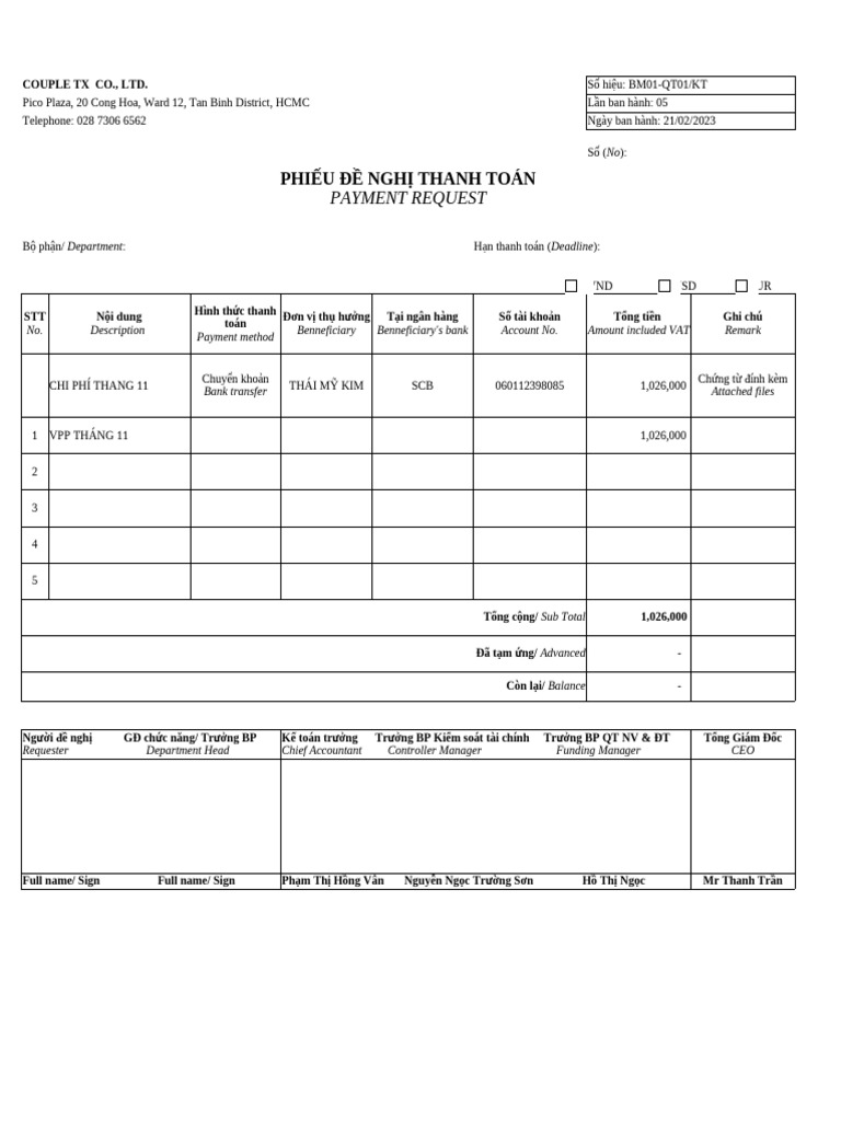BM01 - Phiếu Đề Nghị Thanh Toán 01.2024 | PDF