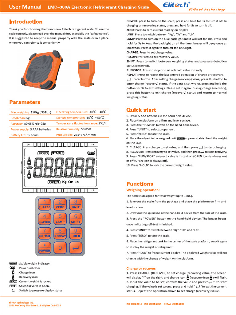 Elitech LMC-300A Refrigerant Charging Scale User Manual | PDF