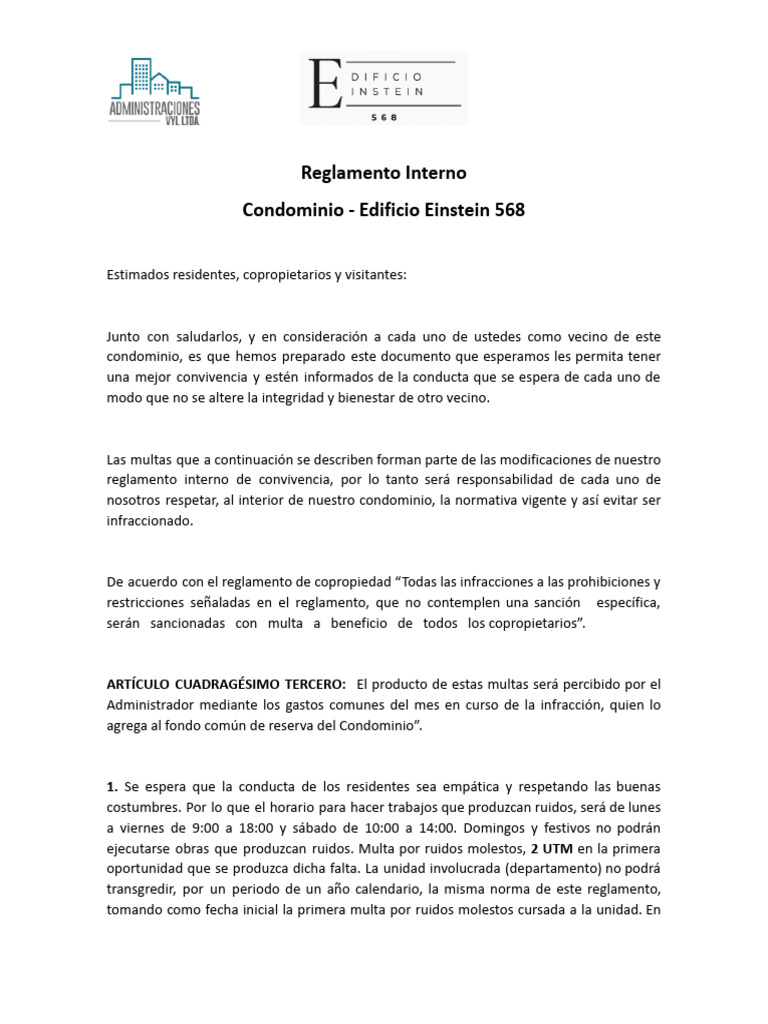 Reglamento Interno de Convivencia Edificio Einstein 568 PDF | PDF | Condominio | Residuos