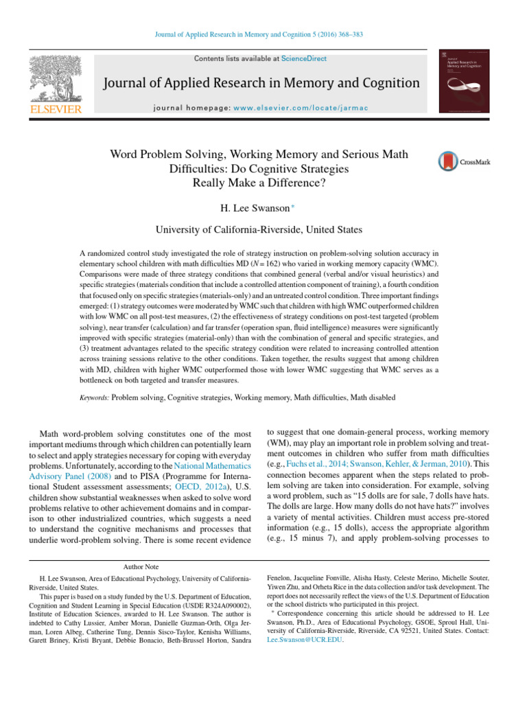 Word Problem Solving, Working Memory and Serious Math Difficulties Do Cognitive Strategies ...