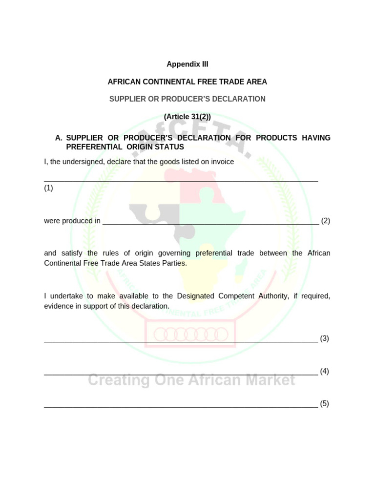 Afcfta Suppliers Declaration | PDF | Free Trade Area | Trade