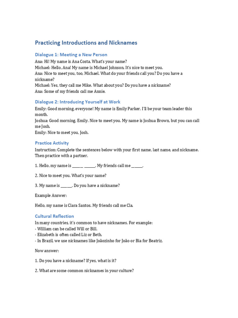 Practicing Introductions Nicknames | PDF