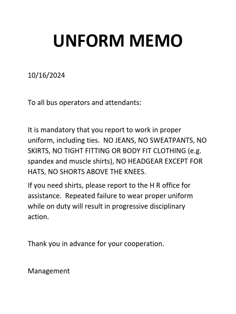 Driver Uniform Memo PDF | PDF