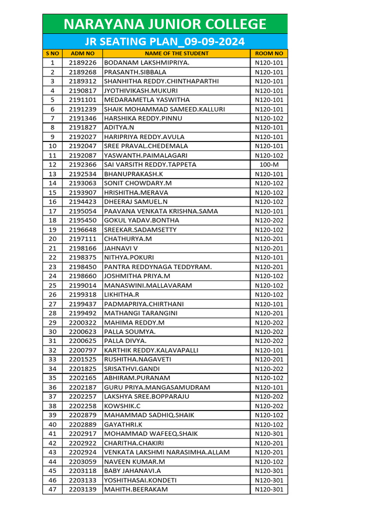 JR - 09-09-2024 - Weekend Exam - Seating Plan | PDF