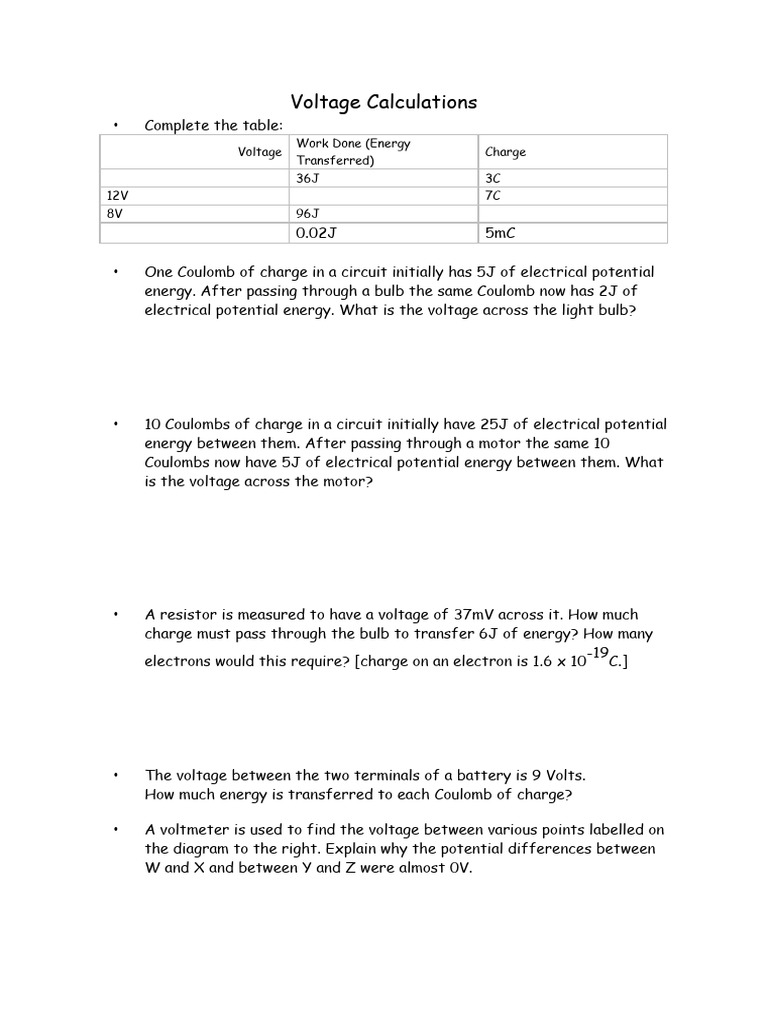 Potential Difference Worksheet Questions | PDF