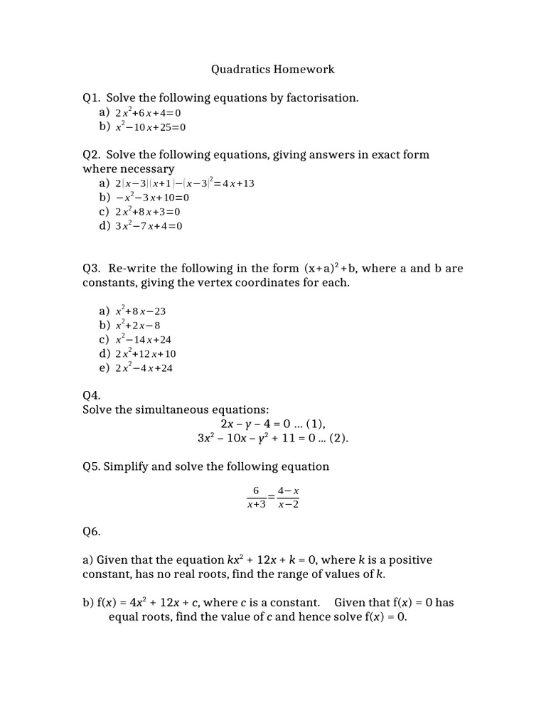 Quadratics Homework: Solve & Simplify | PDF