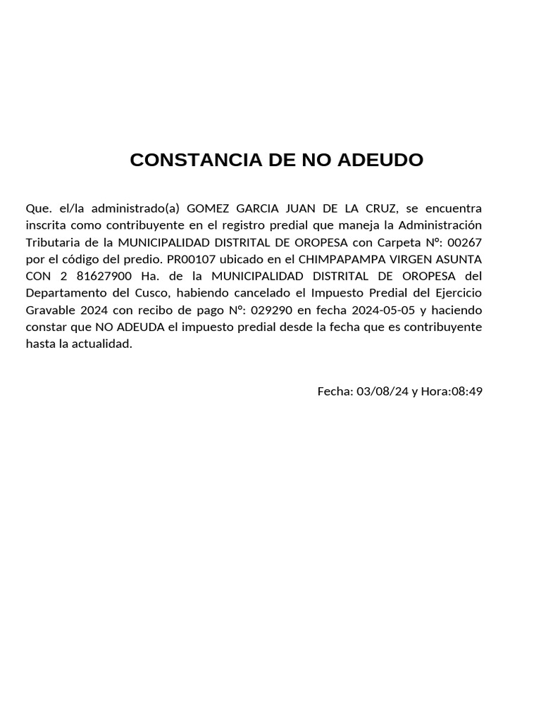 Constancia de No Adeudo | PDF