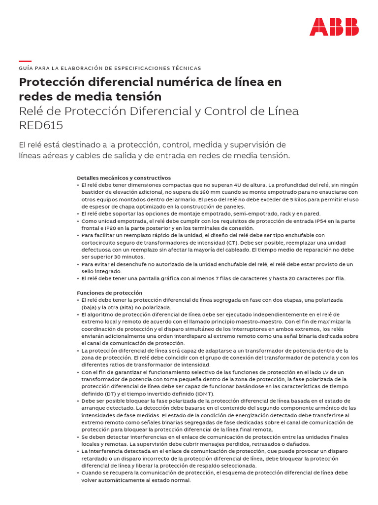 Guideform Specification RED615 1MRS758780 A ES | PDF | Relé | Transformador