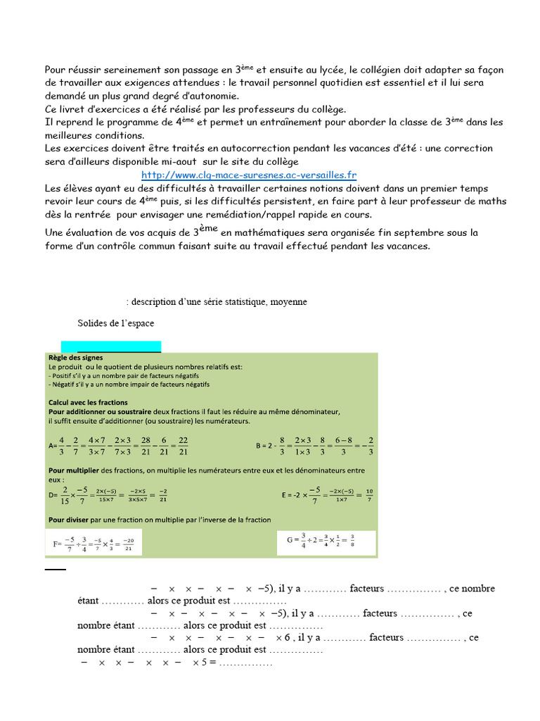 Devoirs de maths 4ème vers 3ème | PDF | Zone | Géométrie euclidienne