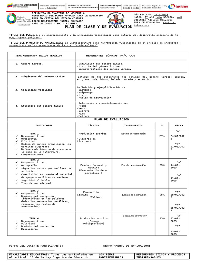 PLANIFICACION DE 2do LAPSO 2025 4to Año (Autoguardado) | PDF