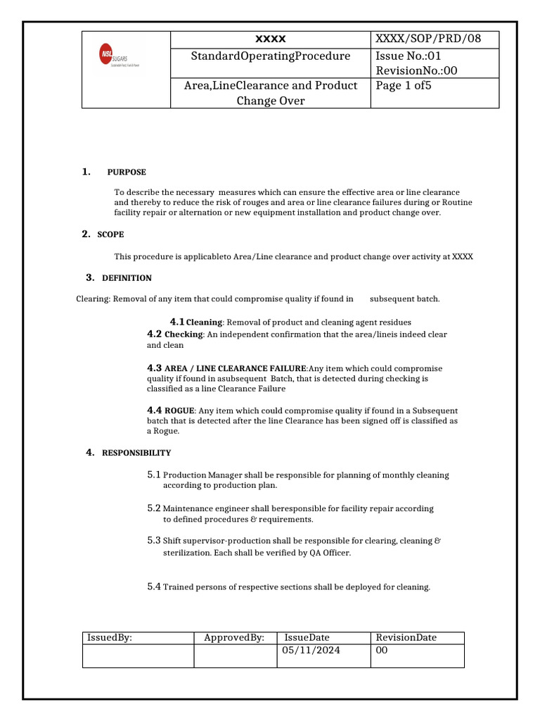 SOP 8 Area, Line Clearance and Product Change Over | PDF | Quality ...