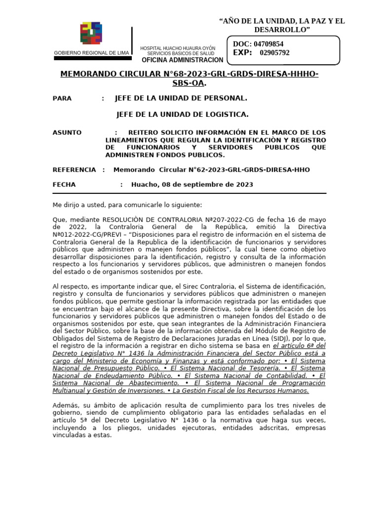 Memorando Circular N 000-2023-Oa-Grl-Sirec | PDF | Gobierno | Hospital