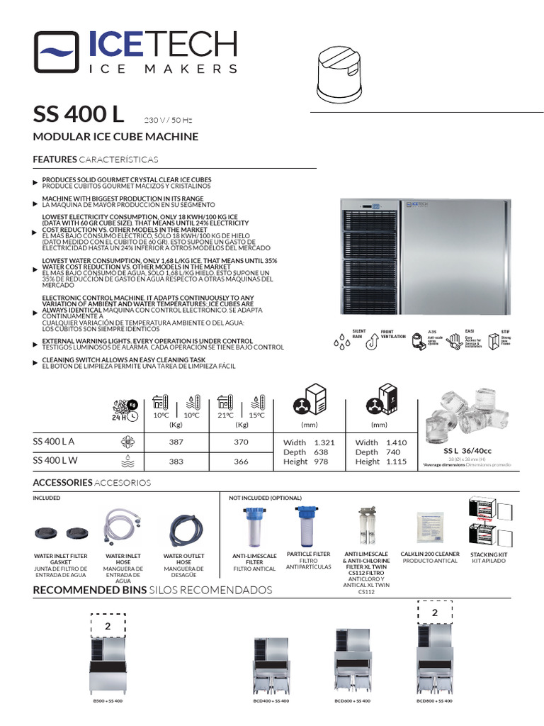 Ficha Tecnica Fabricadora de Hielo Icetech SS400L | PDF