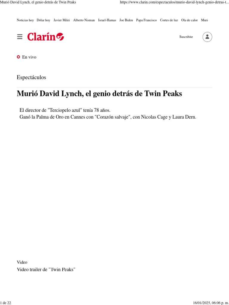 Murió David Lynch, El Genio Detrás de Twin Peaks | PDF