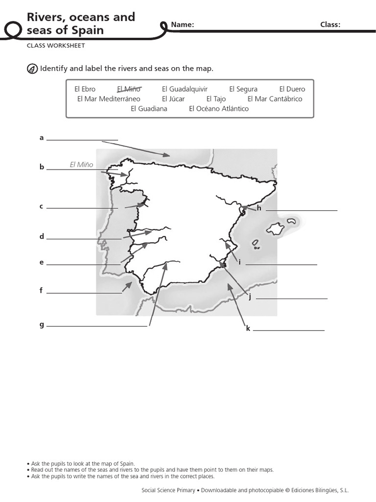 Spain's Rivers and Seas Map Activity | PDF