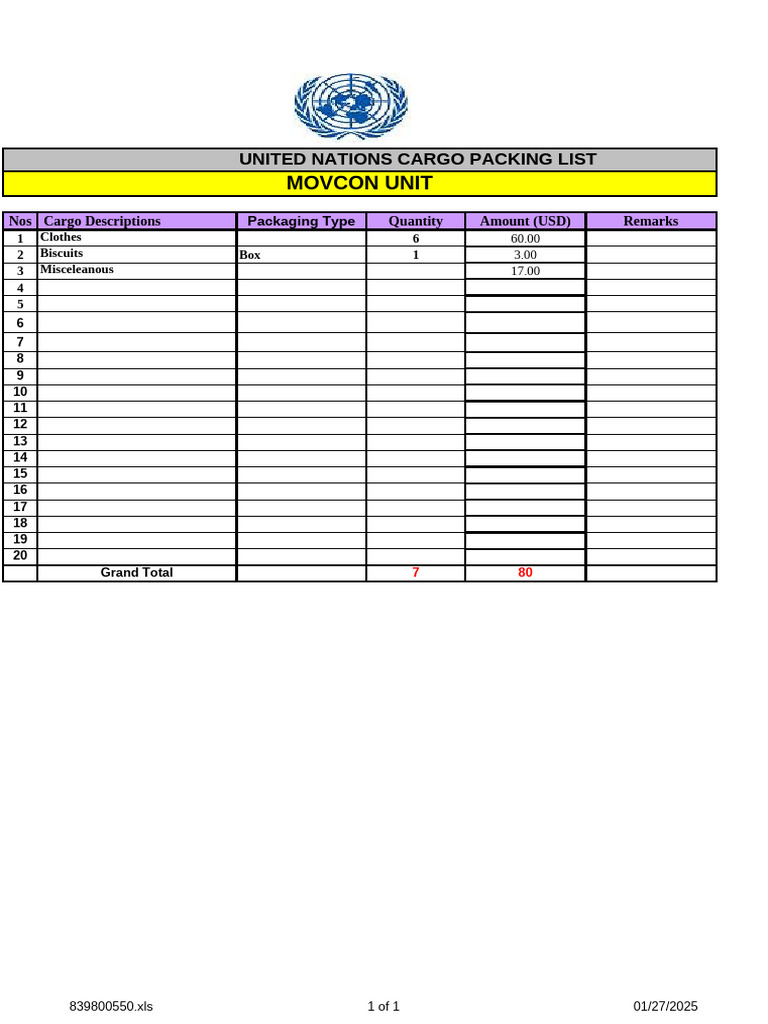 UN Cargo Packing List Summary | PDF