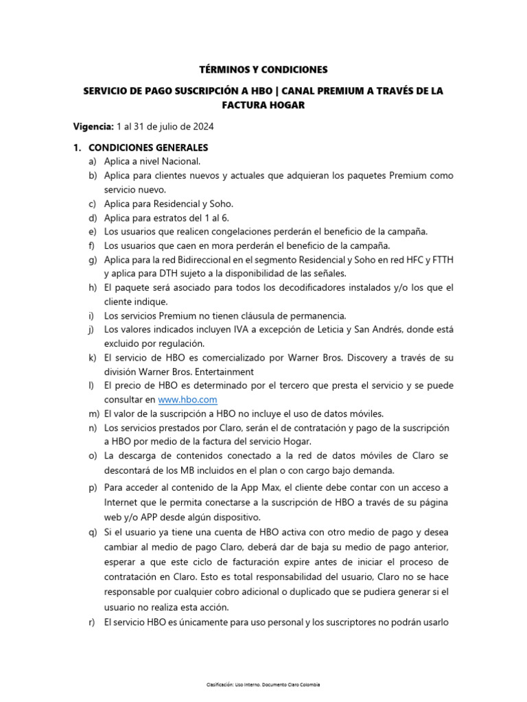 Condiciones HBO en Claro Colombia | PDF | Hbos | Aplicación movil