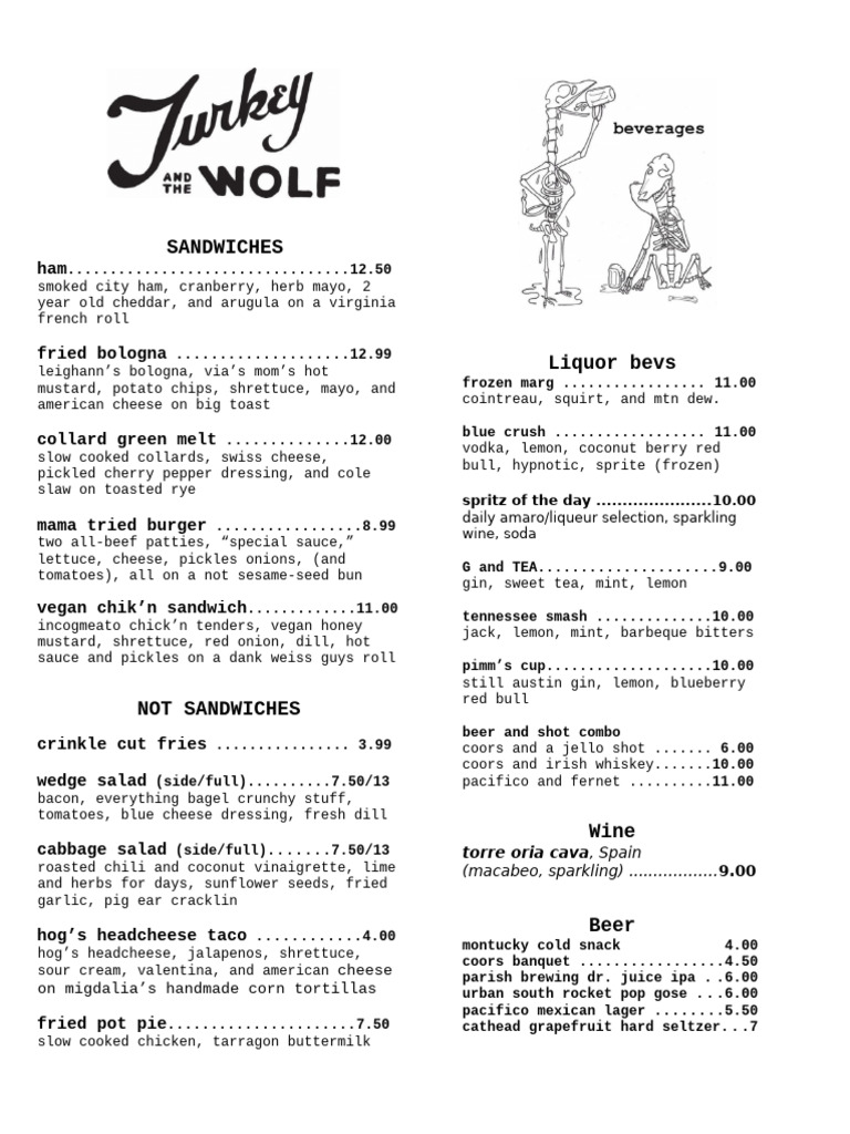 Turkey and The Wolf Menu | PDF | Coleslaw | Western Cuisine