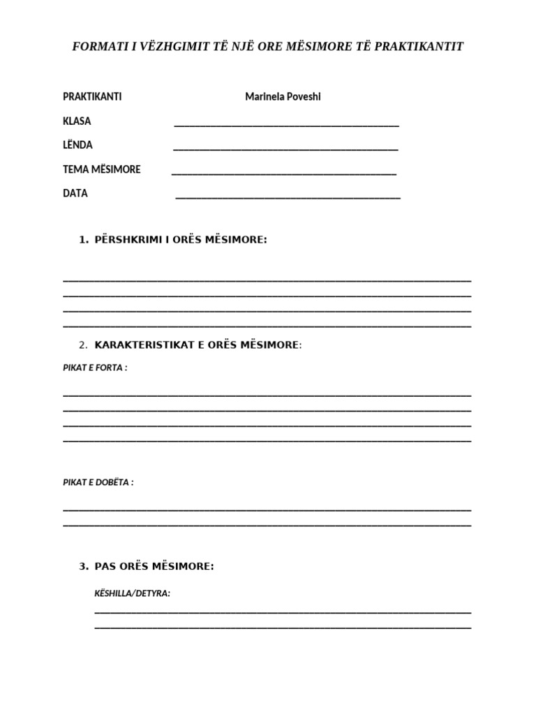 Formati I Vezhgimit Te Nje Ore Mesimore Te Praktikantit | PDF