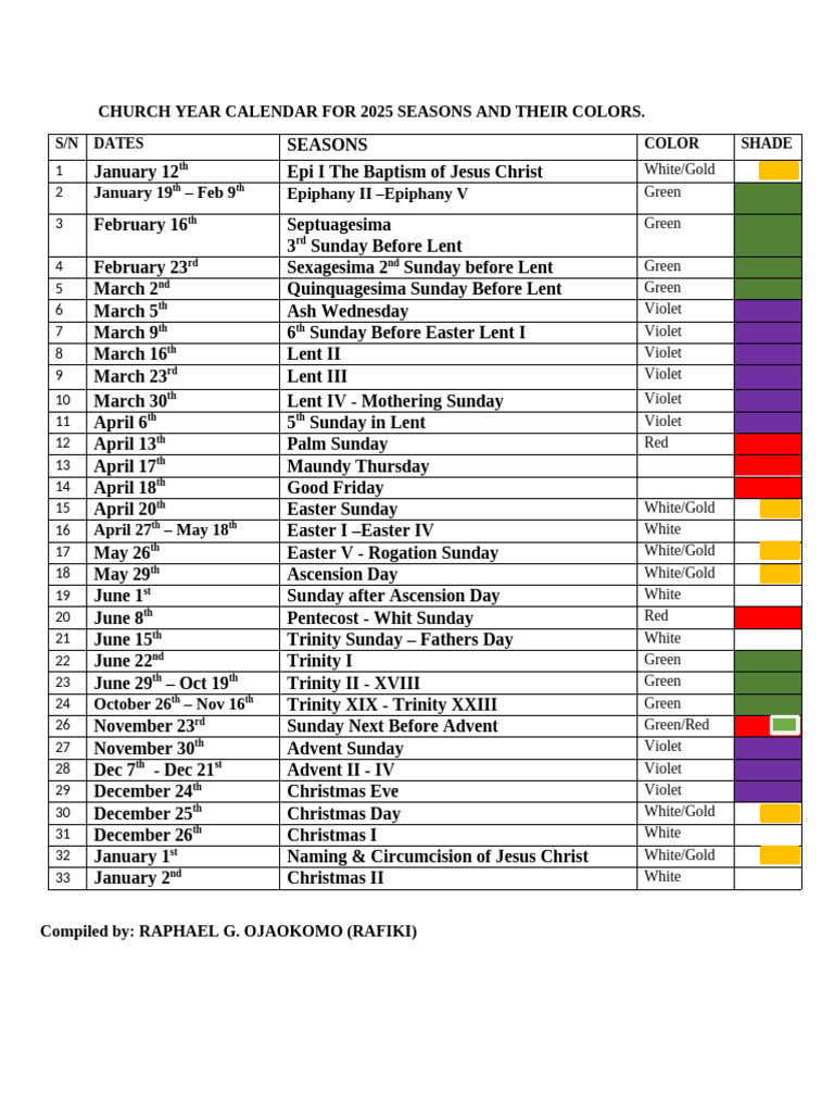 2025 Anglican Liturgical Calendar Colors | PDF | Liturgical Year | Lent