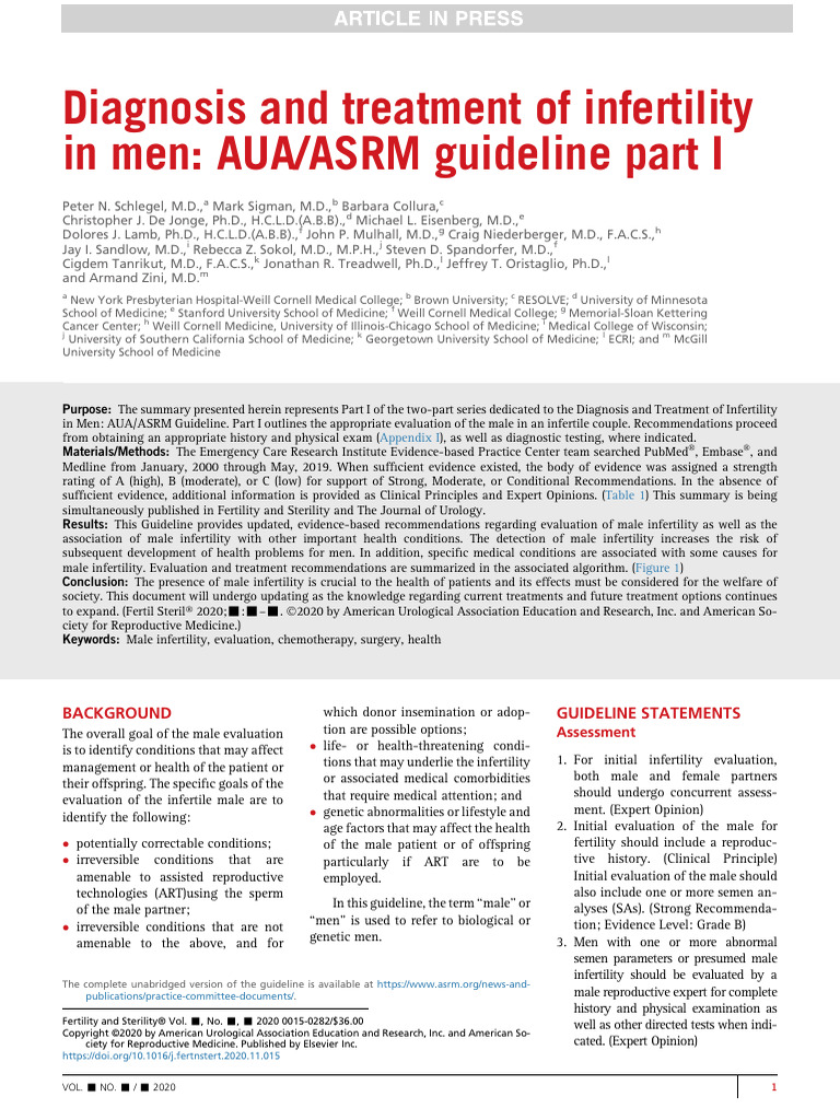 Diagnosis and Treatment of Infertility in Men-Aua-Asrm Guideline Part 1 | PDF | Infertility ...