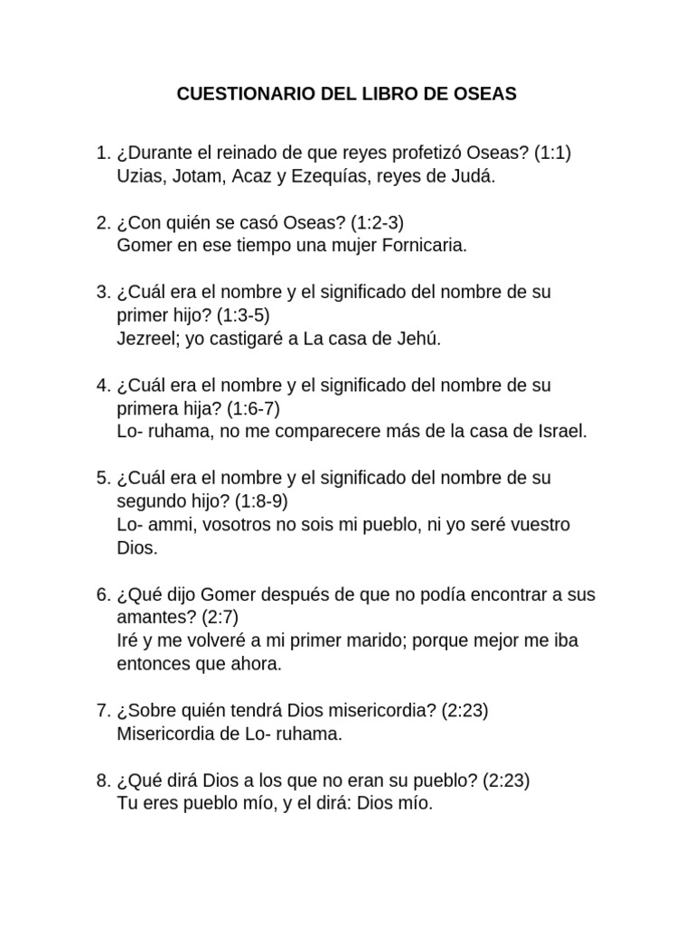 Cuestionario sobre el Libro de Oseas | PDF | Creencia religiosa y doctrina