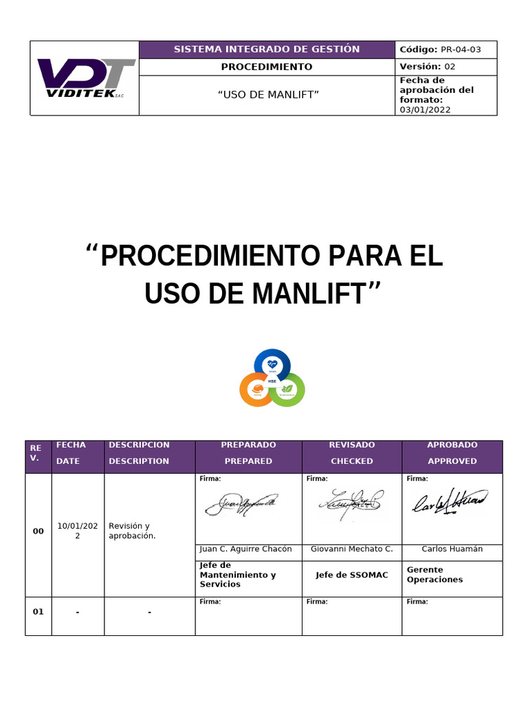 PR-04-03 Procedimiento para Uso de Manlift | PDF | Cuerda | Cambiar
