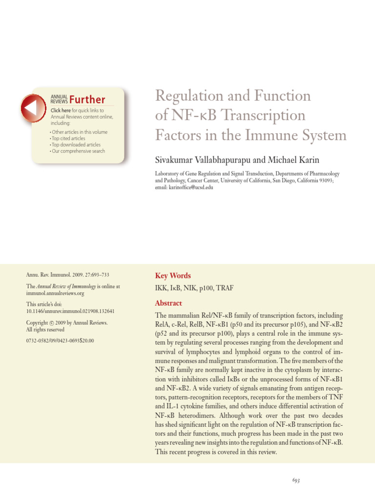Regulation and function of NF-kappaB transcription factors in the immune system | PDF | Nf κb ...