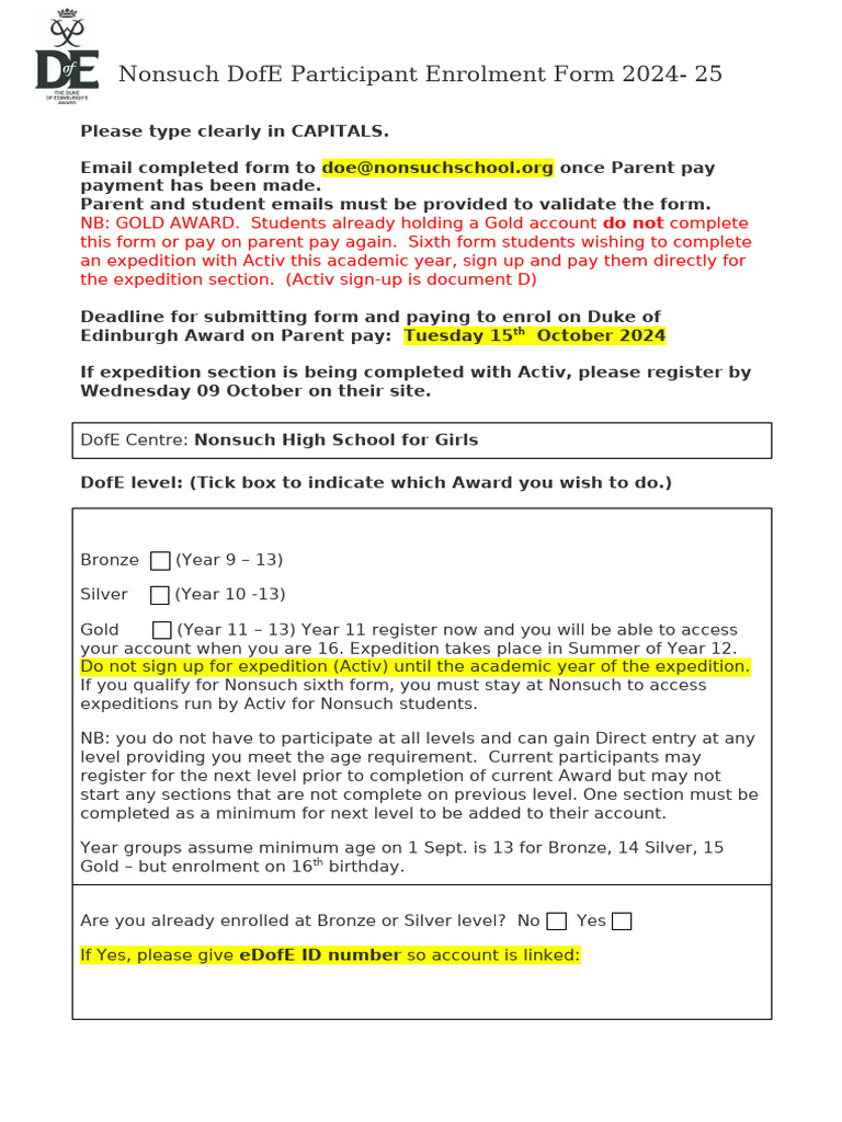 DofE Enrolment for Nonsuch Students | PDF