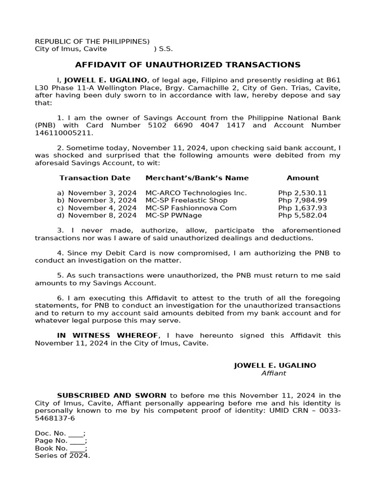 Affidavit of Unauthorized Transactions | PDF