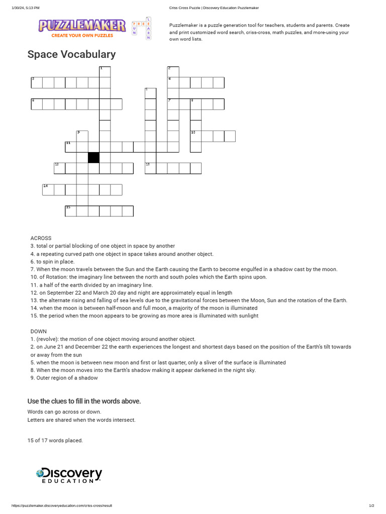 Criss Cross Puzzle _ Discovery Education Puzzlemaker | PDF | Moon | Earth