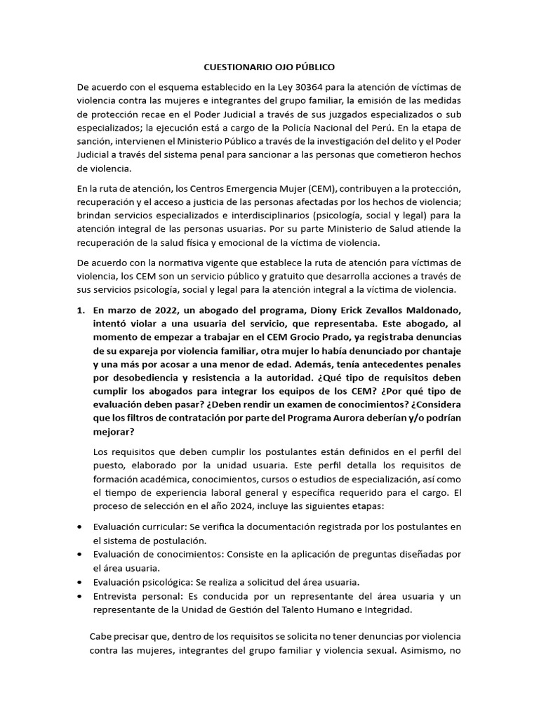 Respuestas Programa Aurora Sobre Abogados de Los Centros de Emergencia Mujer | PDF | La ...
