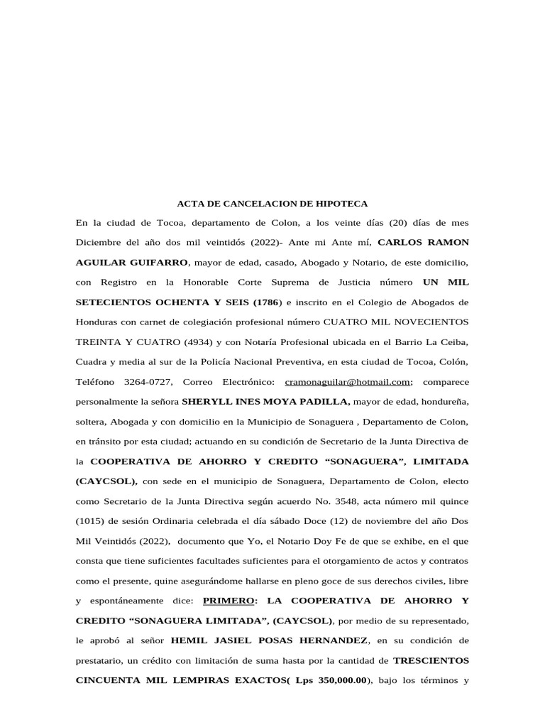 ACTA DE CANCELACION DE HIPOTECA HEMIL POSAS (CAYSOL) | PDF