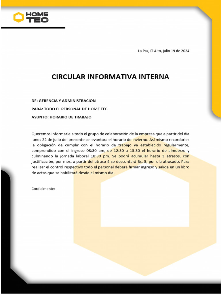 Circular sobre horario de trabajo | PDF