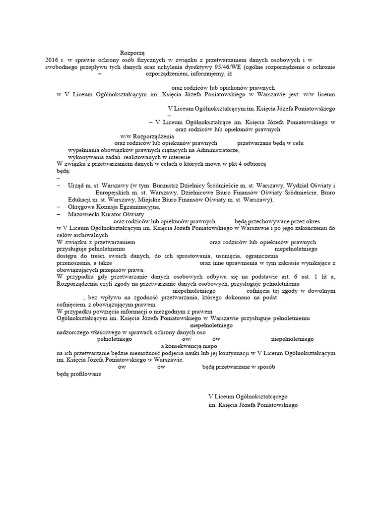 RODO - V LO - Klauzula Informacyjna 1 | PDF